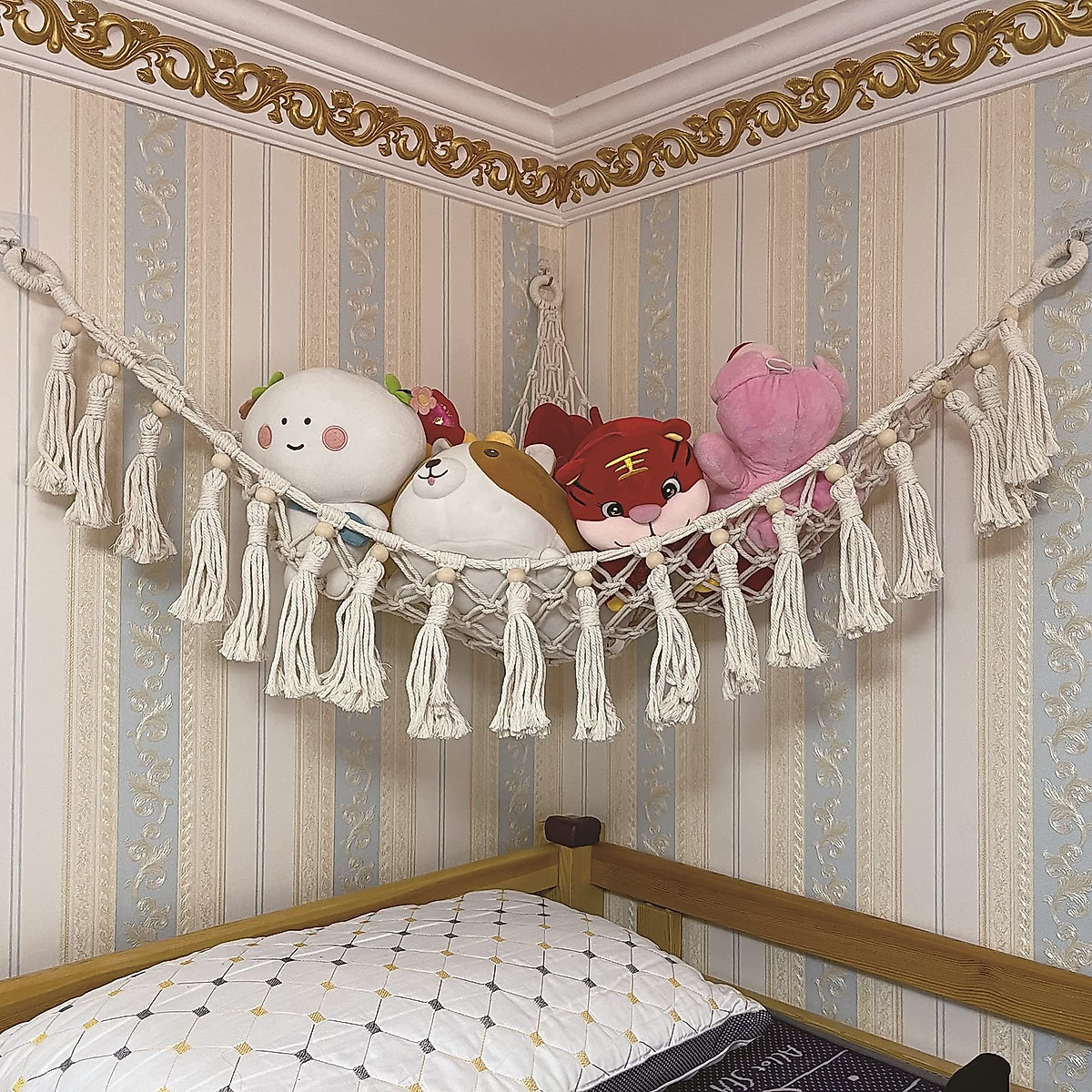 MACAJICHO Stuffed Animal Hammock, Toy Hammock Stuffed Animal Net with Macrame, Kids Toy Organizer Hanging Net for Stuffed Animals Boho Decor for Kids Room, Play Room, Bedroom