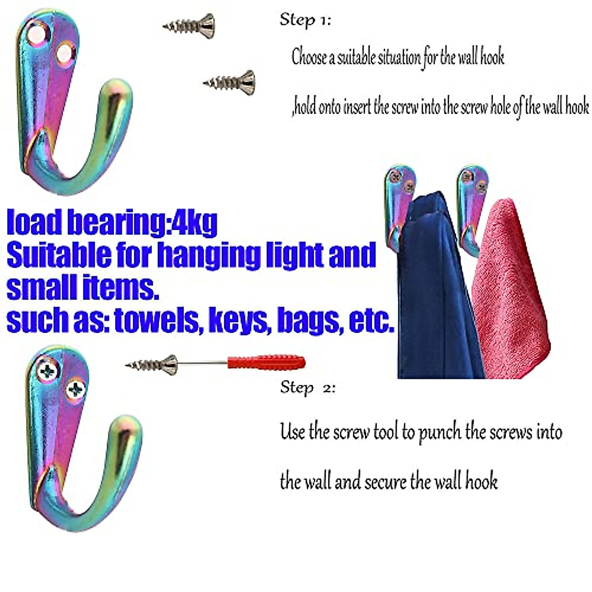 YEWIN 12pcs Rainbow Metal Wall Hooks-Vintage Mounted Hook Hangers with 24pcs Screws for Robe Coat, Towel, Hanging Hat, Cap, Scarf, Cup, Key, Bag (Rainbow 12pcs)