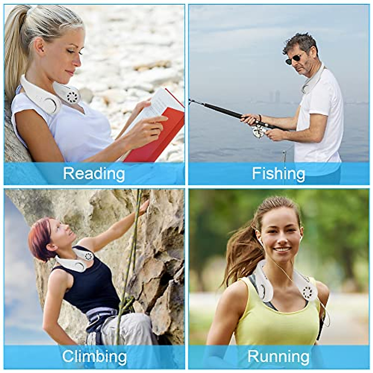 QUUREN Portable Neck Fan, 3 Speeds Handsfree Personal Fan Neck Cooler Personal Cooling Device 360° Neck Fan Bladeless USB Rechargeable Fan 32 Air Outlet Suitable for Traveling Sports Office (White)