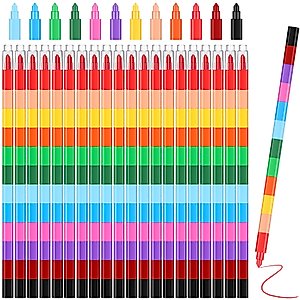 Marspark 20 Pcs Stackable Crayons Stacking Buildable Crayons Colorful Stackable Pencils Party Favors DIY Rainbow Pencil for School Office Birthday Party, 12 Colors(Vivid Color,Flat)