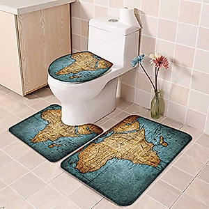 3 Piece Bath Rugs Non-Slip Mat Set Vintage Brown and Green Africa Map Absorbent Carpet Mats Durable Contour Mat and Toilet Seat Cover for Tub Toilet Shower Bathroom