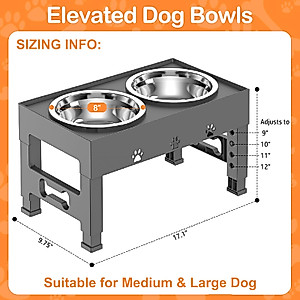LAKIPETN Elevated Dog Bowls with 2 Stainless Steel Dog Food Bowls 5 Height Adjustable Raised Dog Bowl Stand Non-Slip Dog Feeder Adjusts to 3.1”, 9”, 10”, 11”, 12” for Medium Large Dogs - Gray