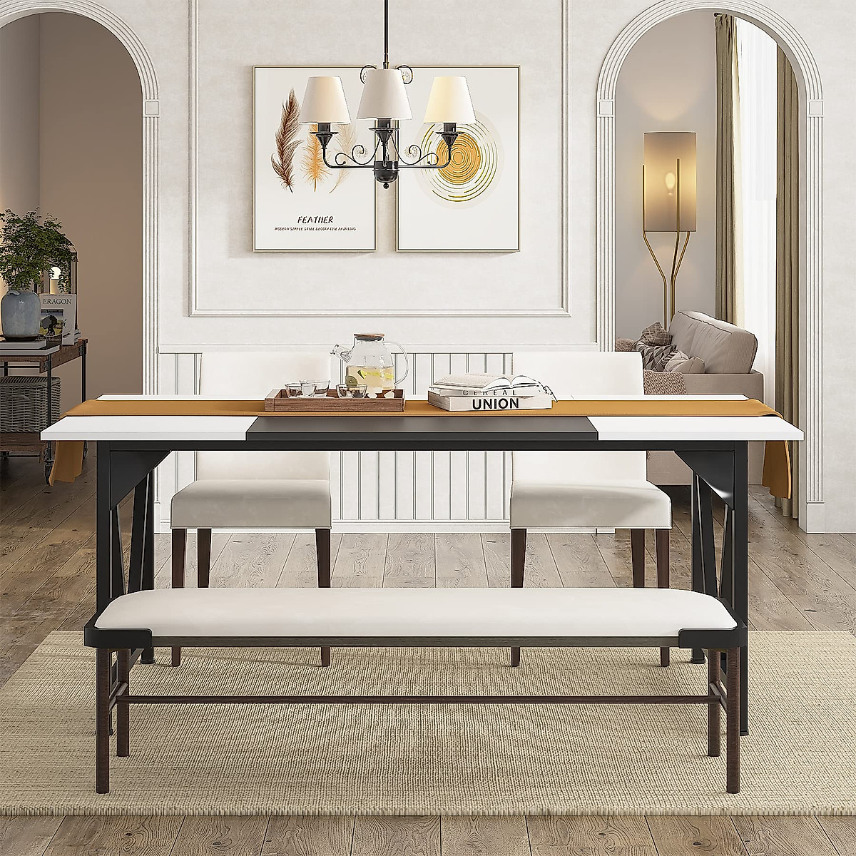 Tribesigns 71'' Large Dining Table for 6-8 Peoples, Modern Wood Kitchen Tables with Splicing Board, Rectangle Dinner Dining Room Table with Heavy-Duty M-Shapped Metal Frame