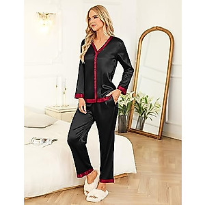 SWOMOG Women Silk Satin Pajama Set Button Down 2Pcs Sleepwear Long Sleeve Pjs Soft Black XLarge Loungewear with Pockets