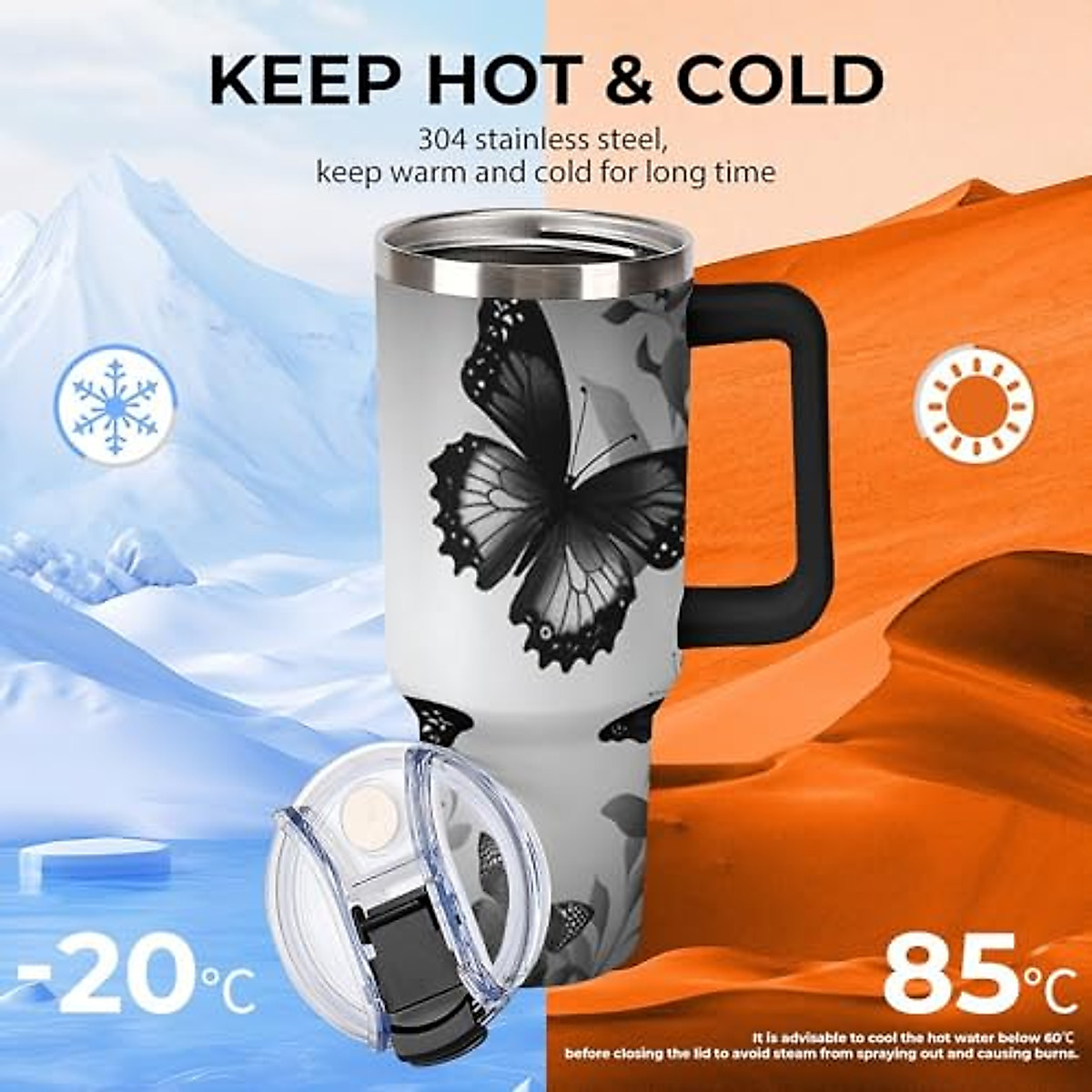 Black Gray Butterflies Insulated Stainless Steel Travel Mug, 40 Oz Tumbler with Handle And Straw Double-Wall Vacuum Coffee Cup, Leak-Proof Lid, Keeps Drinks Hot/Cold for Hours
