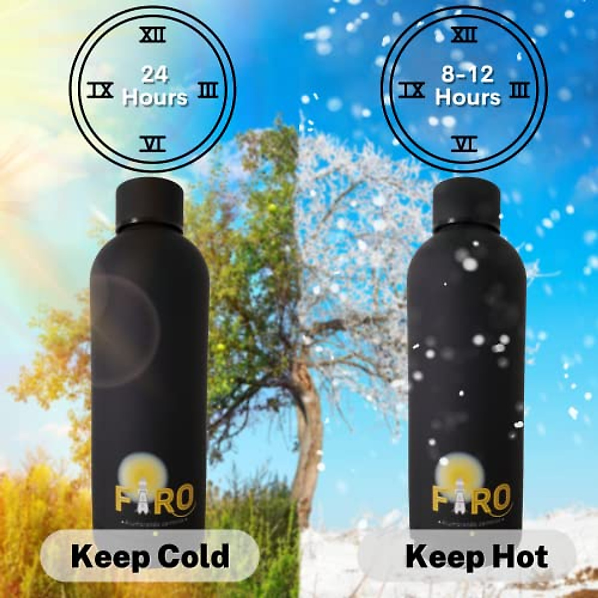 FARO Stainless Steel Water Bottle -17 Fl Oz- Double Layer Vacuum Insulated Reusable Thermos Leak Proof BPA Free thermoflask Hot Cold Water Bottles for Sport, Gym, Coffee, and School (BLACK)