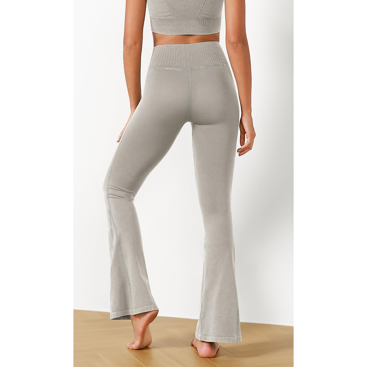 ODODOS Seamless Flare Leggings for Women Ribbed High Waist Gym Workout Casual Bootcut Yoga Pants, Grey, Medium/Large