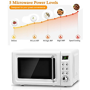 Retro Microwave Oven,Safeplus 0.7Cu.ft, Countertop 700W Microwaves with Cold Rolled Steel Plate 5 Micro Power Defrost & Auto Cooking Function LED Display Glass Turntable and Viewing Window Child Lock