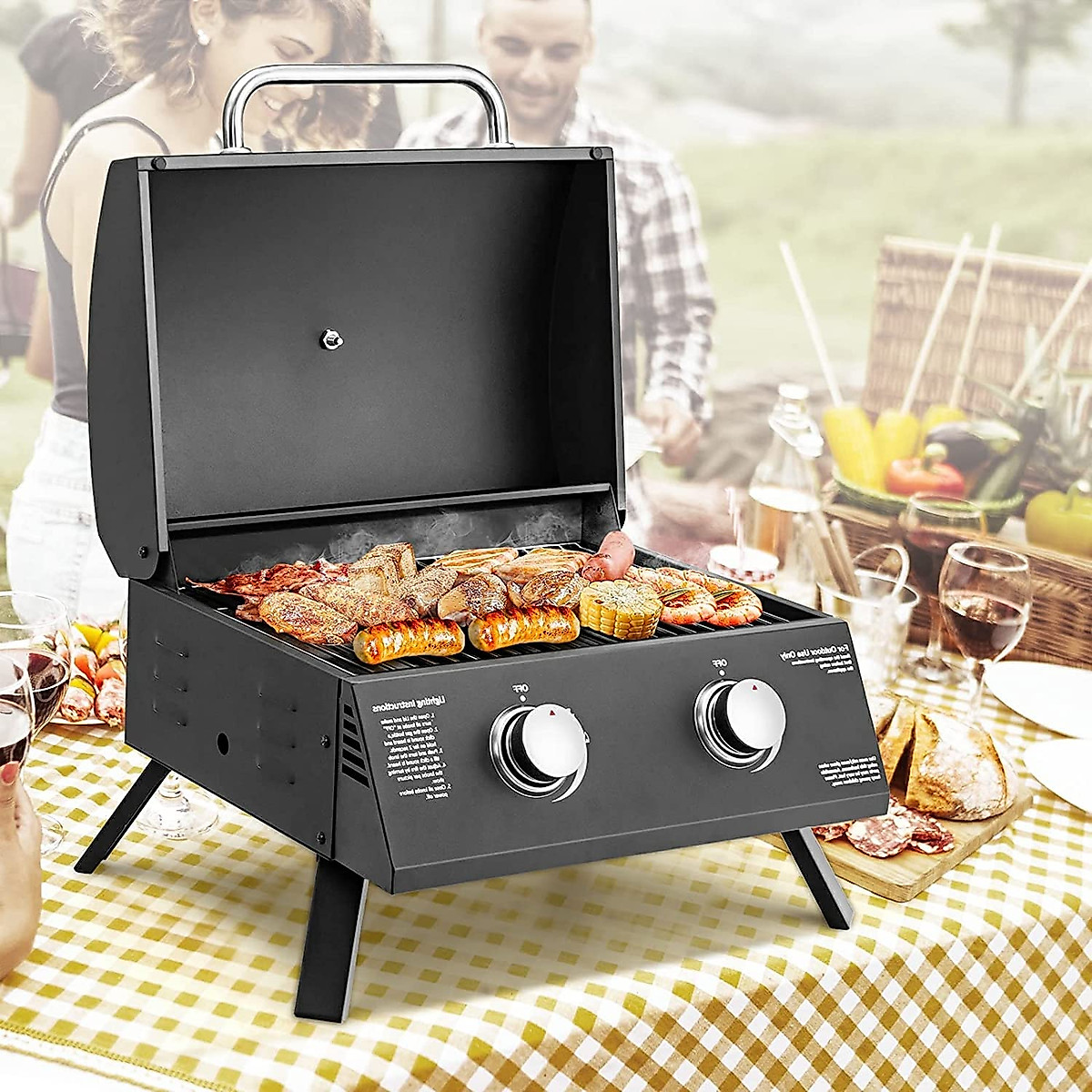 Grill Portable Gas Grill, 20,000 BTU Two Burner Tabletop Barbecue Grill w/Built-in Thermometer, Grease Tray, Waterproof Top Lid, Folding Legs, Compact Propane Grill for Backyard, Camping, Picnic