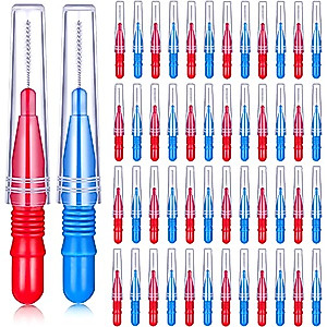 Patelai 50 Pieces Braces Brush for Cleaner Interdental Brush Toothpick Dental Tooth Flossing Head Oral Dental Hygiene Flosser Toothpick Cleaners Tooth Cleaning Tool (Red, Blue)