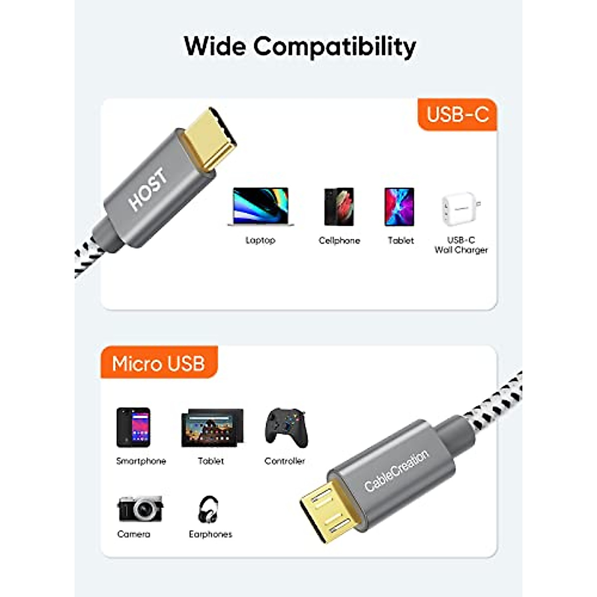 CableCreation Short Micro USB to USB C Cable 0.65 FT USB C to Micro USB OTG 480Mbps Type C to Micro USB Cable, USB C to USB Micro for MacBook Pro Air Galaxy S22 S21 Pixel 5/4/3 etc. 0.2M Space Gray