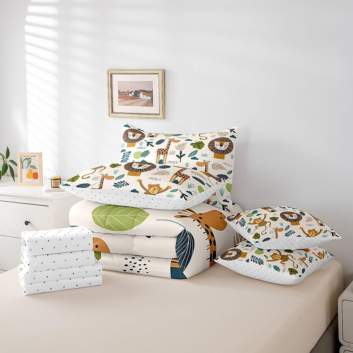 Feelyou Safari Animals 7 Piece Bedding Set Twin, Cartoon Lion Giraffe Comforter Set with Sheets Cute Monkey Bed in a Bag for Kids Nature Wildlife Bed Set