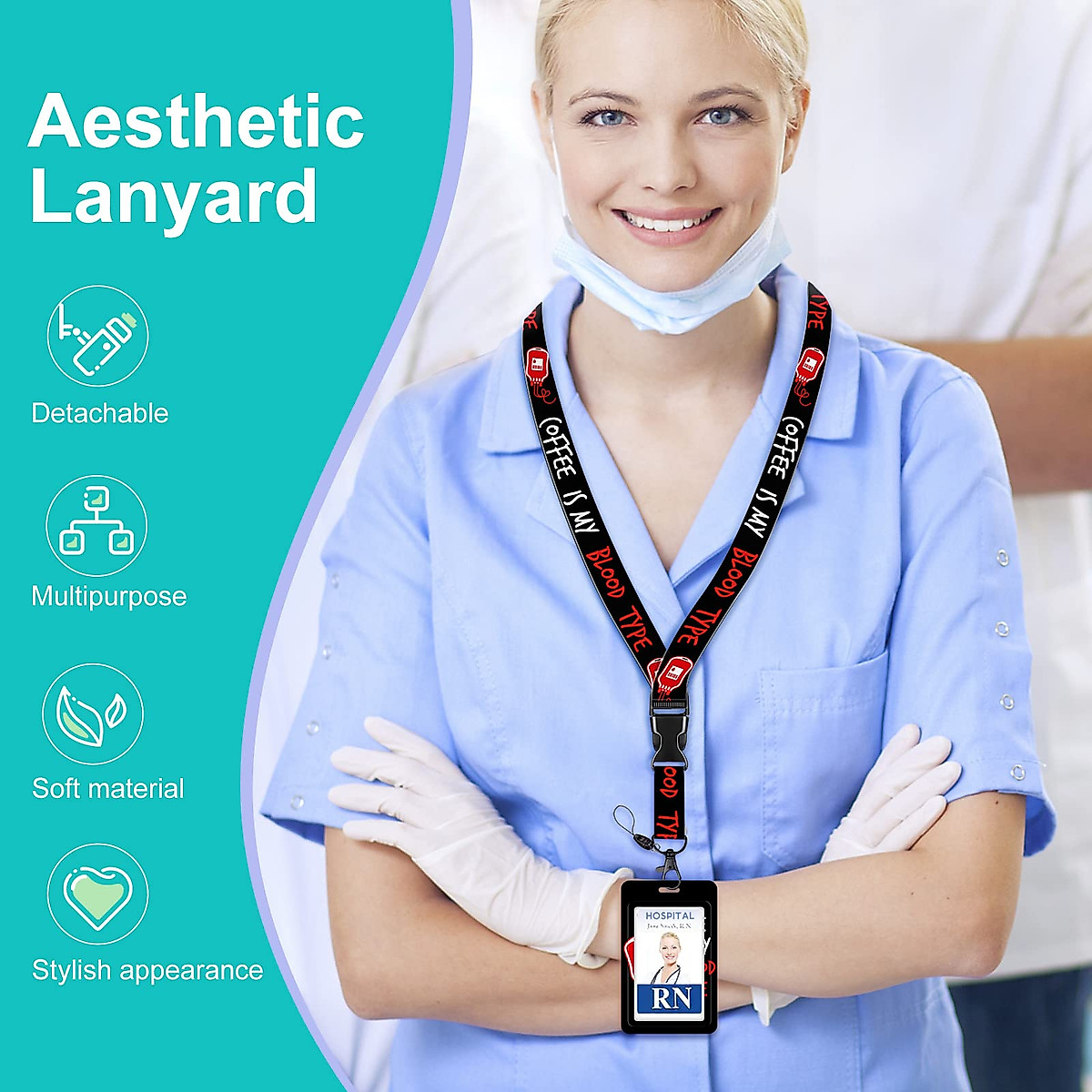 Plifal ID Badge Holder with Lanyard and Retractable Nurse Badge Reel Belt Clip, Phlebotomy Phlebotomist Nursing Medical Keychain Lanyards Clip for Women Men(Coffee is My Blood Type)