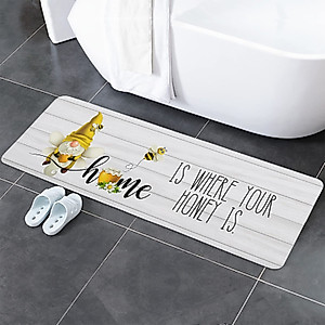 Sabolny Honey Gnomes Bee Comb Kitchen Runner Rug Mat, Bath Shower Bathtub Welcome Door Floor Mat, Farmhouse Daisy Floral Wooden Washable Indoor Outdoor Throw Entry Area Rug Doormat