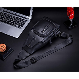 BULLCAPTAIN Men Sling Crossbody Bag with USB Charging Port Genuine Leather Shoulder Chest Bag Travel Hiking Backpack (Black)