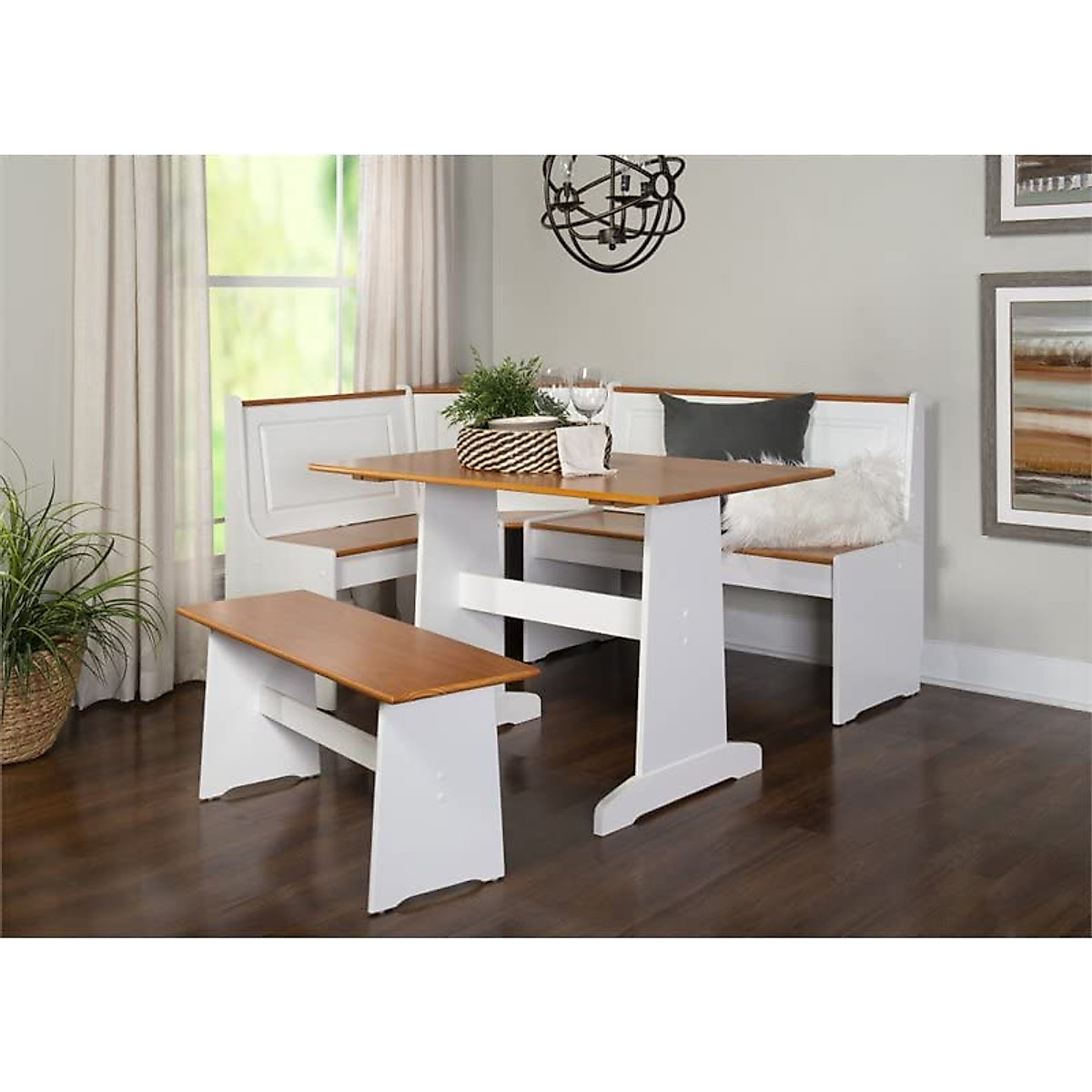 Riverbay Furniture Indoor 3 Piece Kitchen Corner Nook Table Booth Bench Breakfast Dining Set in White