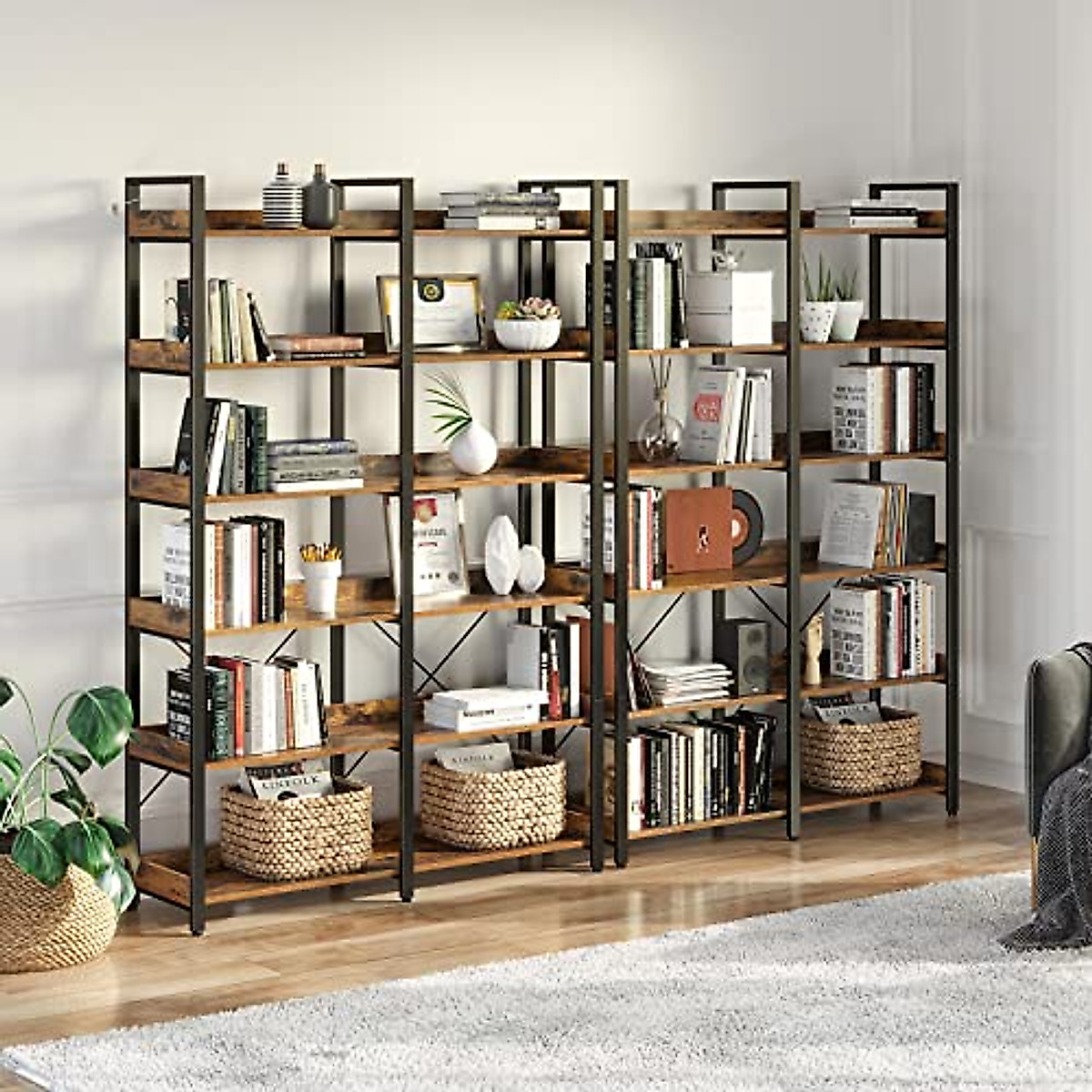 Seventable Bookshelf 6 Tier with 4 Hooks, 69” Industrial Wooden Bookcase, Vintage Storage Rack with Open Shelves, Rustic Standing Bookshelves Metal Frame 47.3” Wide Display Rack, Rustic Brown