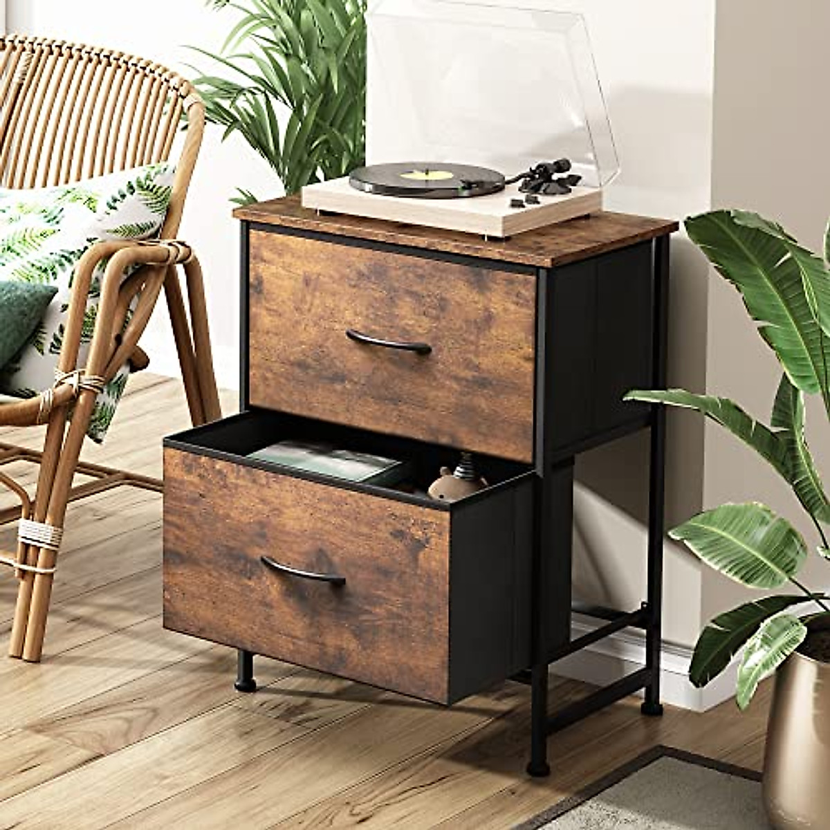 WLIVE Nightstand, Nightstand with 2 Drawers, Bedside Furniture, Night Stand, Small Dresser for Bedroom, College Dorm, End Table with Fabric Bins, Dormitory, Rustic Brown Wood Grain Print, Size L