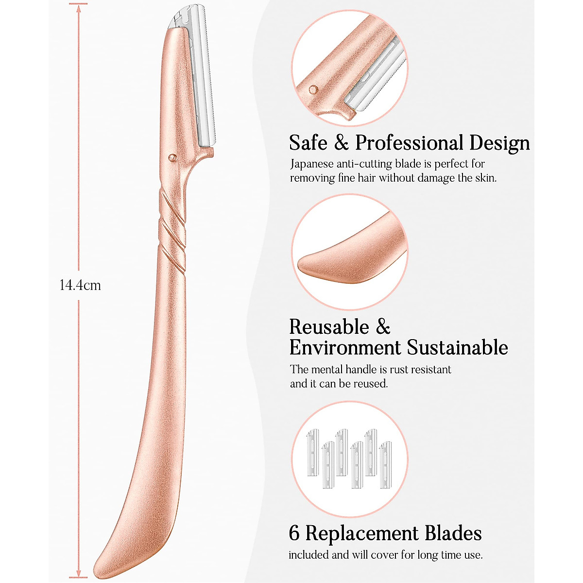 ennva Eyebrow Razor for Women-Eyebrow Trimmer Dermaplaning Tool-Ergonomic Eyebrow Shaper & Facial Razor for Peach Fuzz-Exfoliating Face Razor for Eyebrows-Eye Brow Shaver Razors w/7 Blades- Rose Gold