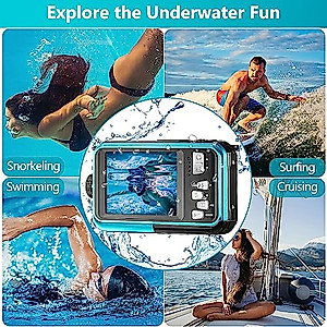 4K Waterproof Camera 11FT Underwater Camera with 32GB Card 48MP Autofocus Selfie Dual-Screen Underwater Cameras for Snorkeling, Waterproof Compact Digital Camera 1250mAh Battery（Blue）
