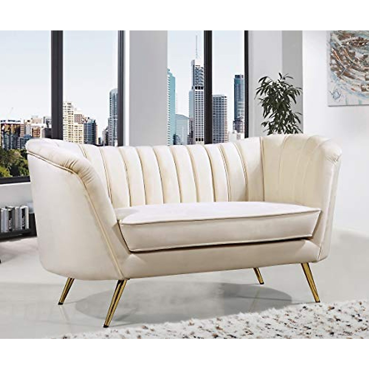 Meridian Furniture Margo Collection Modern | Contemporary Velvet Upholstered Loveseat with Deep Channel Tufting and Rich Gold Stainless Steel Legs, Cream, 65" W x 30" D x 33" H