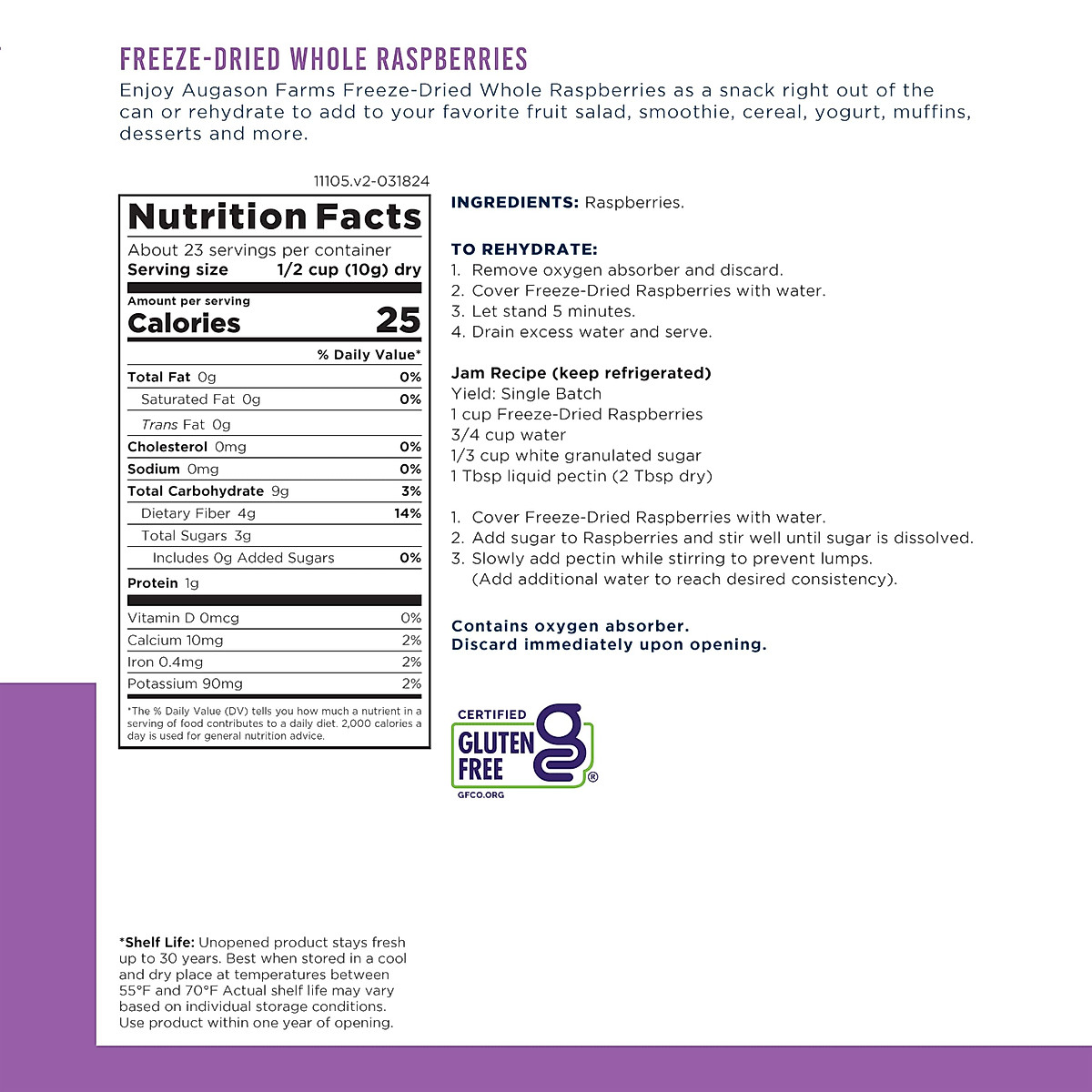 Augason Farms Freeze Dried Whole Raspberries #10 Can, 8 oz