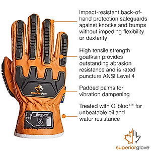 Superior Goatskin Leather Work Gloves - Anti-Impact Backing Hand Protection – Endura Safety Gloves Oil and Water Resistant 378GKVSB (1 Pair) Size Large
