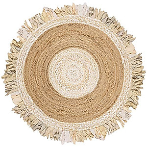 SAFAVIEH Cape Cod Collection 4' Round Beige / Natural CAP701B Handmade Boho Fringe Jute & Cotton Area Rug