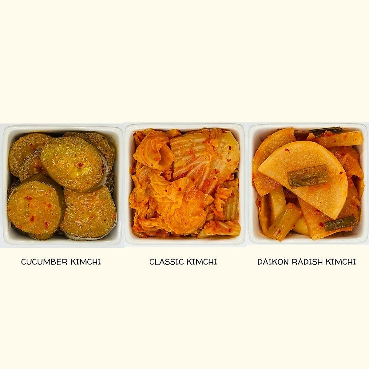 Olive My Pickle Fermented Kimchi Variety Pack - 48 Ounces | 3-Pack Bundle of Classic, Cucumber, and Daikon Radish Kimchi | Fresh & Flavorful Korean Food with Natural Probiotics for Gut Health - Perfect for Ramen & Spicy Noodles