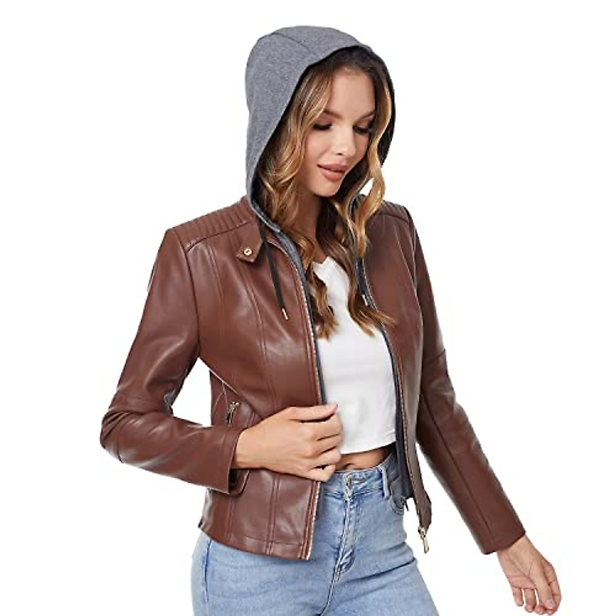 DIASHINY Faux Leather Jacket For Women Removable Hooded Moto Biker Coat Brown M