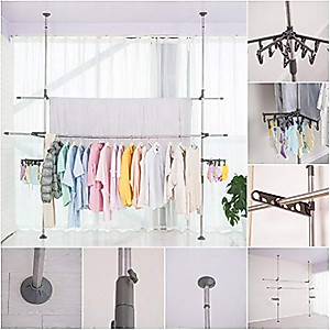 BAOYOUNI Double Pole Adjustable Laundry Clothes Drying Rack Standing Garment Storage Organizer Heavy Duty Space Saver DIY Pants Hanger Rod Rail Floor to Ceiling, Height 64.96'' to 98.42'' - Grey