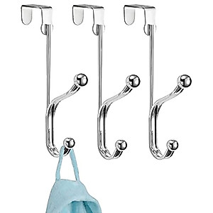 mDesign Decorative Over Door Double Hook Steel Storage Organizer Rack for Coats, Hoodies, Hats, Scarves, Purses, Leashes, Bath Towels, Robes, Clothing - 3 Pack - Chrome