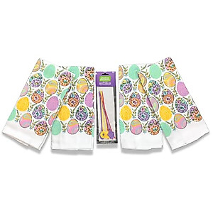 Easter Spring Kitchen Dish Towels, 4 Pc. Fun Decorative Set: Colorful Flowers Bunny's Best Print and Ornate Eggs (White/Multi)