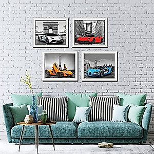 zsjcyGG Car Themed Wall Art,Car Posters for Boys Room,Canvas Car Art Print Set of 4 Unframed (10x8in)-Black and White Car Pictures for room Decor