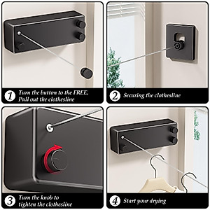 Danpoo Retractable Clothesline Outdoor/Indoor, Double Lines for Hanging Clothes with 13.8 Ft Steel Wire, Heavy Duty Clothing Line Wall Mounted, Black