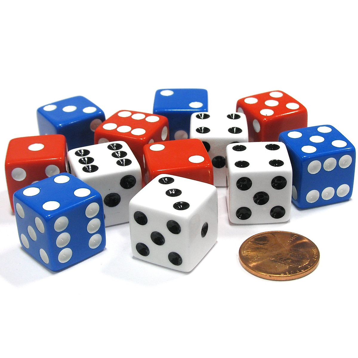Set of 12 Six Sided 16mm D6 Dice - Patriotic USA 4 Each of Red White & Blue by Koplow Games