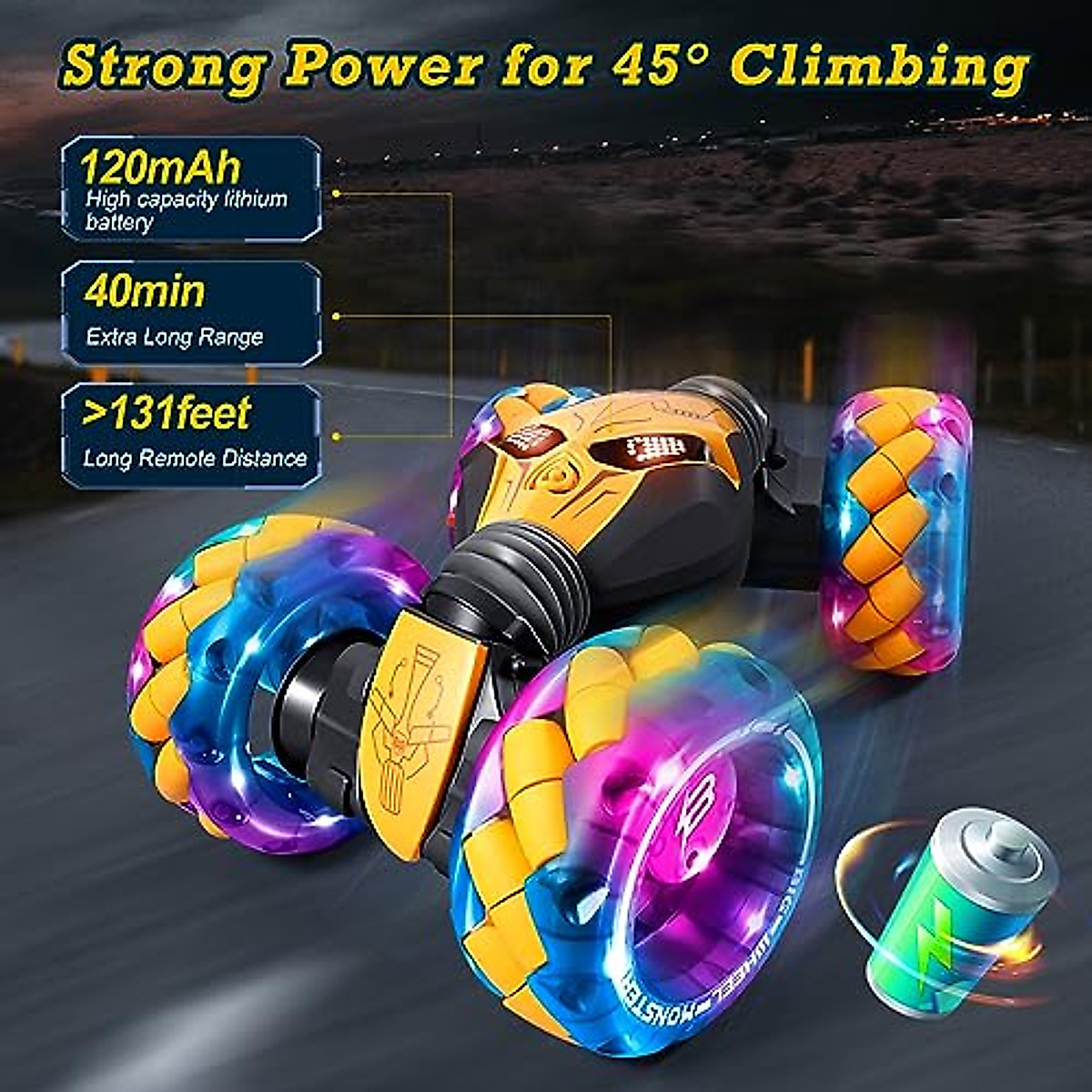 1:12 Gesture Sensing RC Stunt Car Toys 2.4GHz Rotating Wall Climbing Twist 4WD Large Remote Control Car Toys Off Road Monster Truck 360° Flips Lights with Music Drift Rc Car for Boys Age 8-12, Yellow