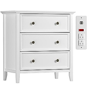 IKENO White Nightstand with 3 Drawers and Charging Station, Solid Wood Nightstand Organizer for Bedroom