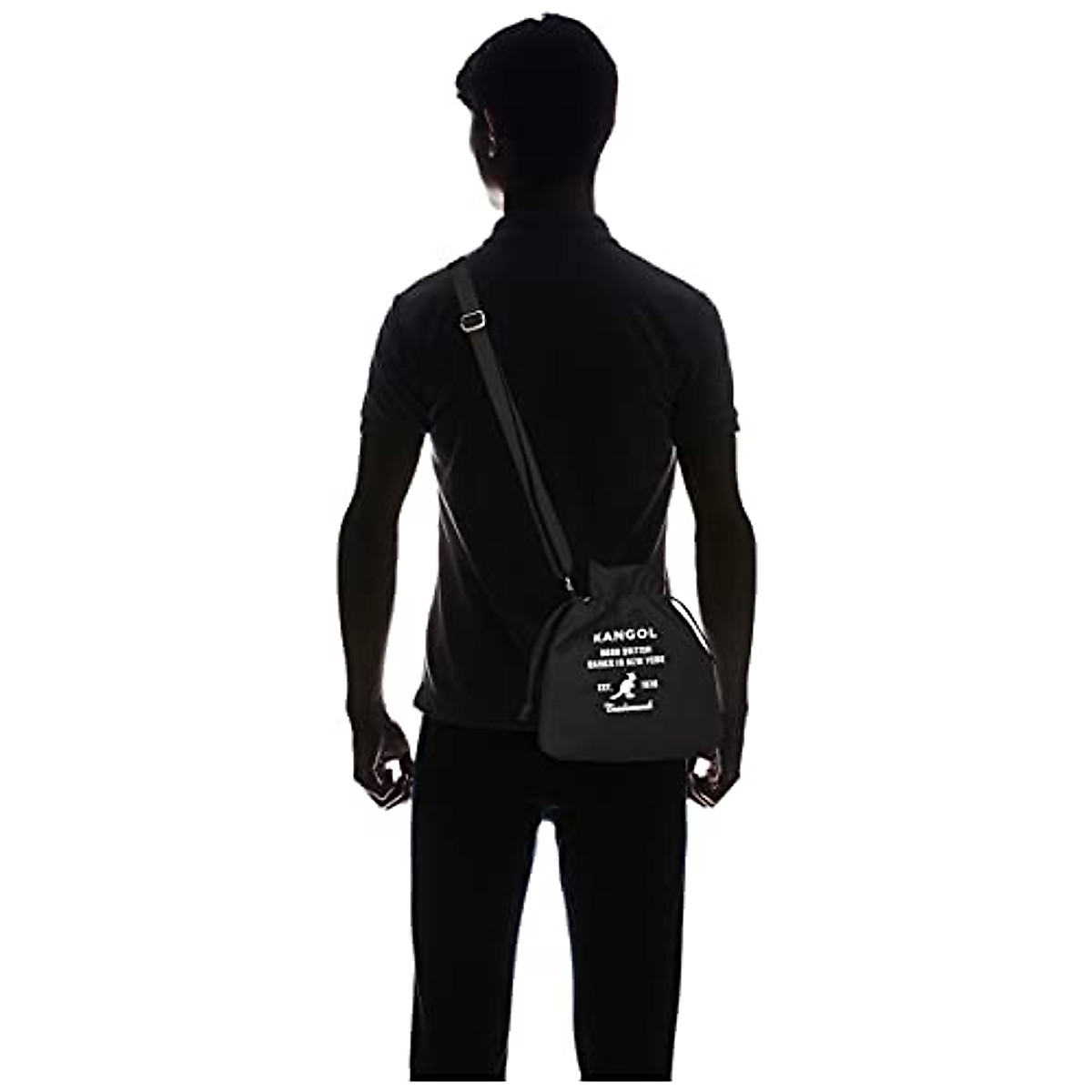 Kangol Shoulder Bag, Thick Cotton Canvas, Drawstring Bag, Black
