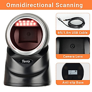 Tera Pro Omnidirectional Barcode Scanner 2D QR Desktop Handsfree, Adjustable Scan Head, Wired Automatic Platform Scanner with USB Cable for Market Retail Store Mobile Screen Payment