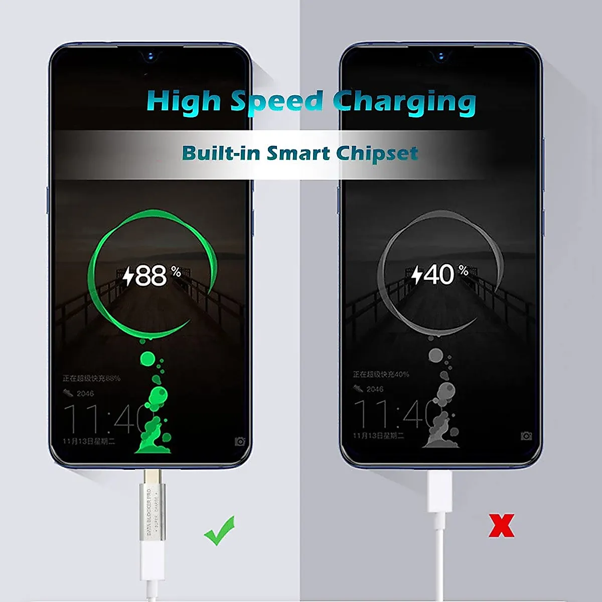 USB-C to C Data Blocker-Protect Against Juice Jacking, USB C to USB C Adapter-Support Fast Charging(50V/5A), USB Data Blocker Defender for Cell Phones, Tablets, Block Data Transfer (Silver)
