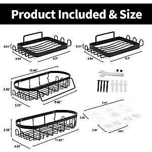 4 Pack Adhesive Shower Caddy, Stainless Steel Shower Organizer Basket Shelf with Hooks, Shower Shelves Wall Mounted for Bathroom & Kitchen Storage (Black)