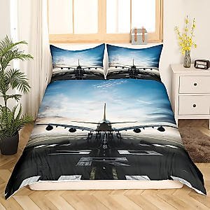 Kids Boys Airplane Duvet Cover Twin Blue Sky Aviation Aircraft Runway Bedding Set 3D Print Luxury Microfiber Modern Airplane Pattern Comforter Cover for Men Cool Bedspread Cover with 1 Pillow Sham