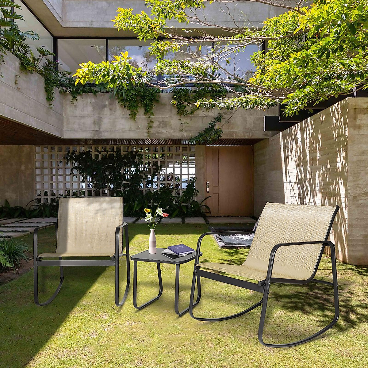 SOLAURA 3 Piece Patio Rocking Bistro Set, Textilene Fabric Outdoor Furniture, Porch Chairs Set with Glass Table for Lawn, Garden, Balcony, Poolside, Khaki