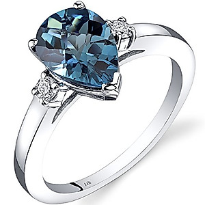 PEORA London Blue Topaz and Diamond Teardrop Solitaire Ring for Women 14K White Gold, Natural Gemstone Birthstone, 2.75 Carats Pear Shape 10x7mm, Size 7