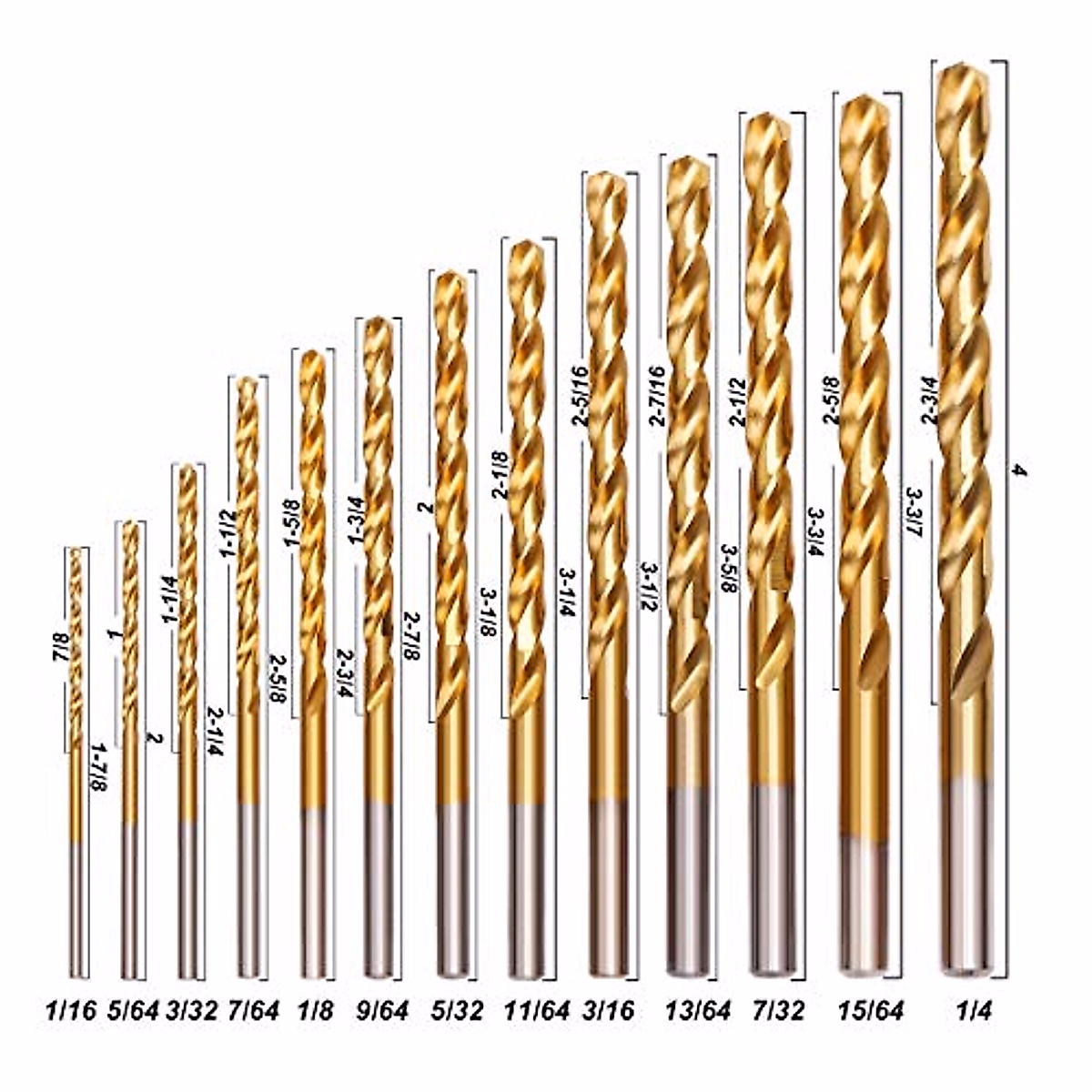 KIK Drill Bit Set- 13Pcs Titanium Coating High Speed Steel Twist Jobber Length for Wood Plastic Aluminum Alloy with Indexed Storage Case, 1/16"-1/4"