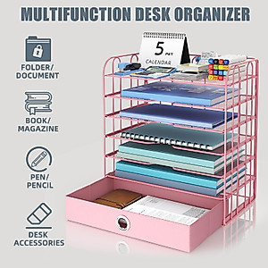 JAFUSI Paper Letter Tray Organizer with Drawer for Desk, 7 Tier Mesh Desktop File Organizer with Handle, Paper Sorter Holder Desk Tray for A4 Letter Home Office