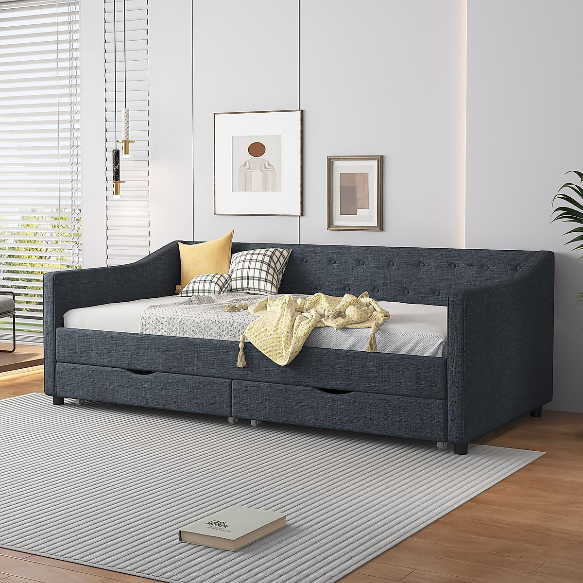ACQCA Twin Size Daybed with Storage, Upholstered Day Bed Frame with 2 Drawers and Button Tufted Backrest,Wood Slat Support,No Box Spring Needed,Dark Grey
