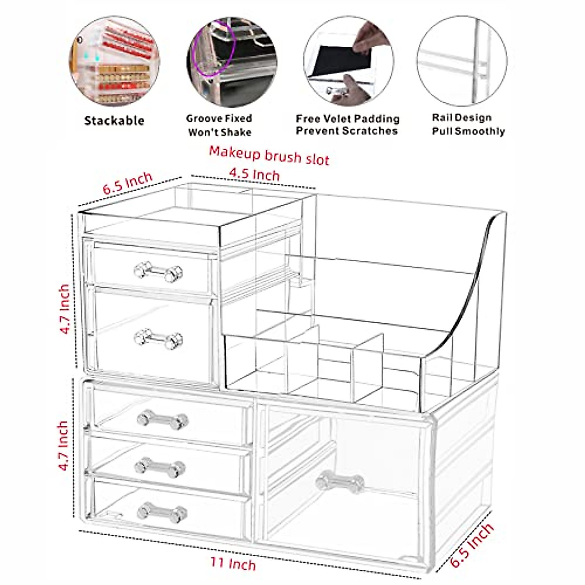 Clear Makeup Organizer and Storage For Vanity,Large Acrylic Cosmetics Display Cases With Stackable Drawers for Bathroom Counter Dresser Brushes Lipsticks Skin Care Beauty Skincare Product Organizing