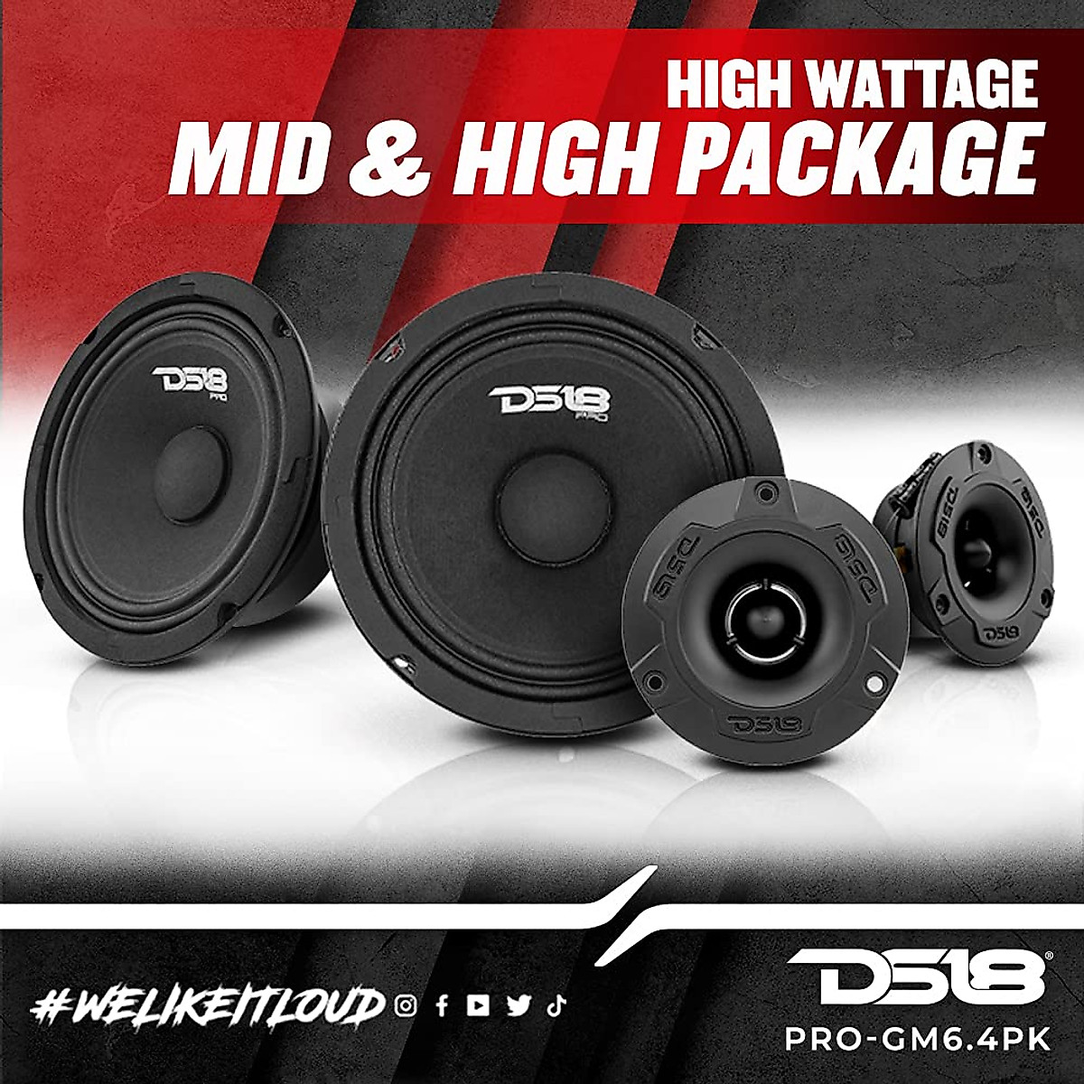 DS18 PRO-GM6.4PK Mid and High Complete Package - Includes 2X Midrange Loudspeaker 6" and 2X Aluminum Super Bullet Tweeter 1" Built in Crossover - Door Speakers for Car or Truck Stereo Sound System